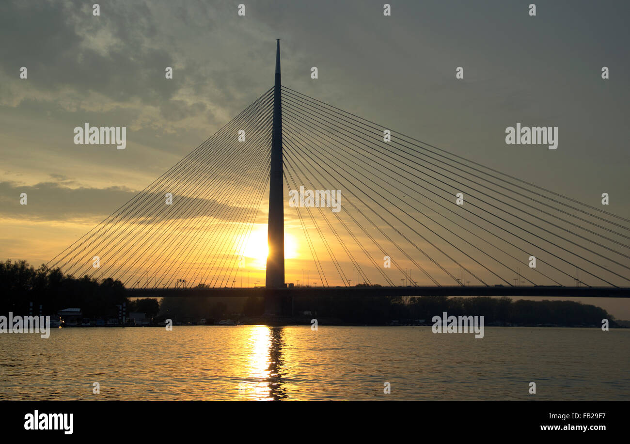 Belgrade, Serbia - Cable bridge over the Sava river at late afternoon ...