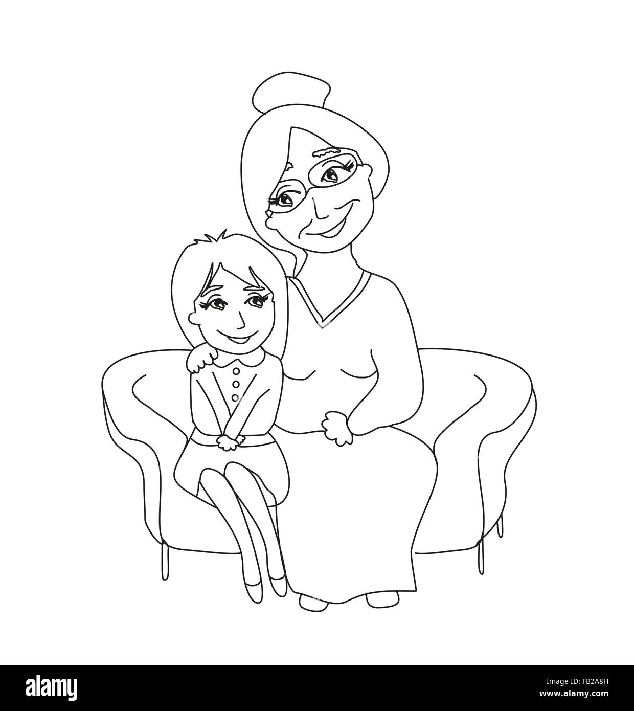 Grandmother Hugs Her Granddaughter Hand Drawn Illustration Stock