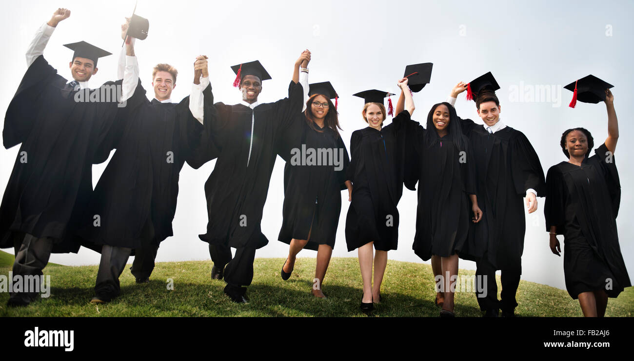 Group Students Hands Raised Graduation Concept Stock Photo - Alamy
