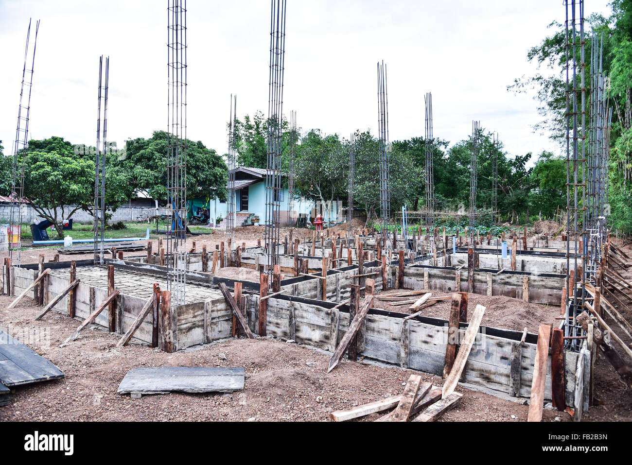 Concrete footings for the foundation of a house under construction ...