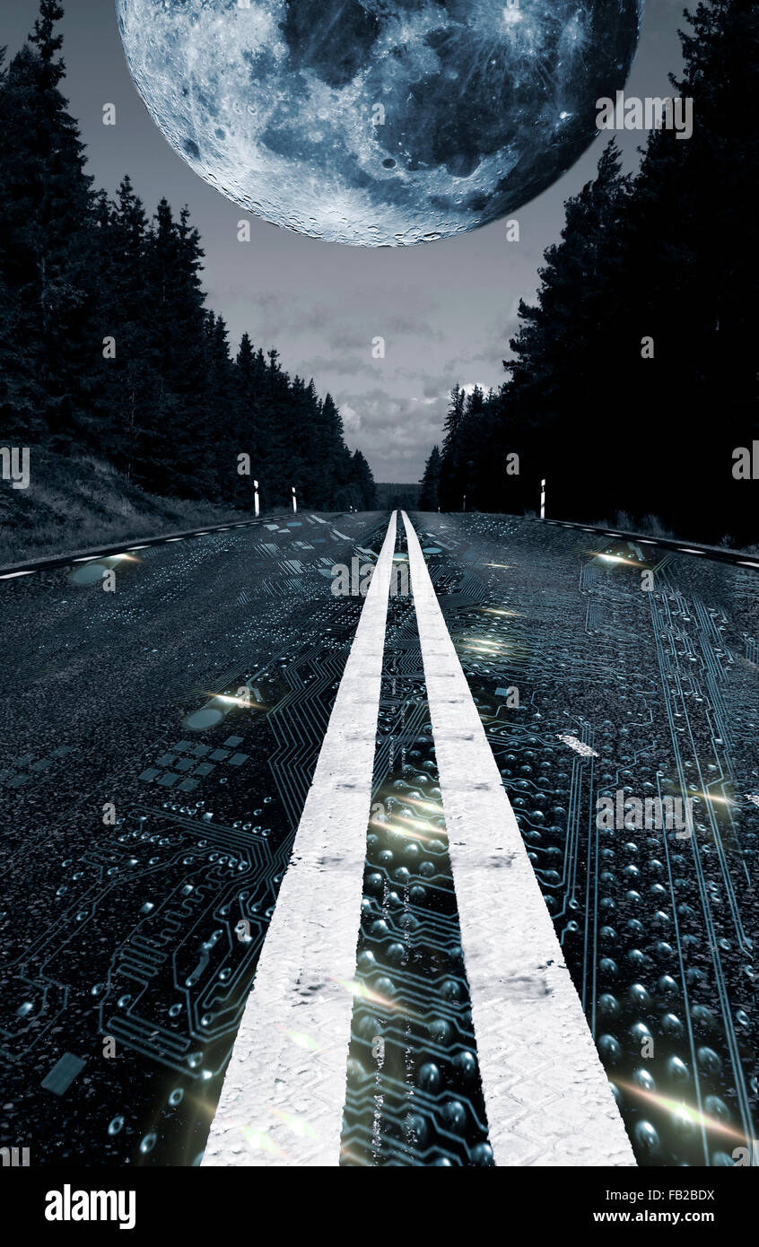 lonely road at night with a surreal full moon Stock Photo - Alamy