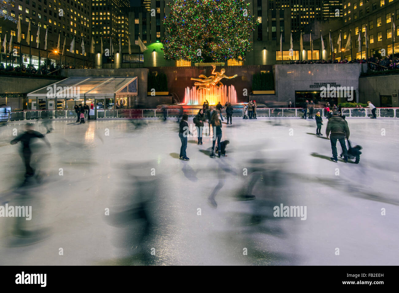 Lower Plaza of Rockefeller Center with ice skating rink and Christmas ...