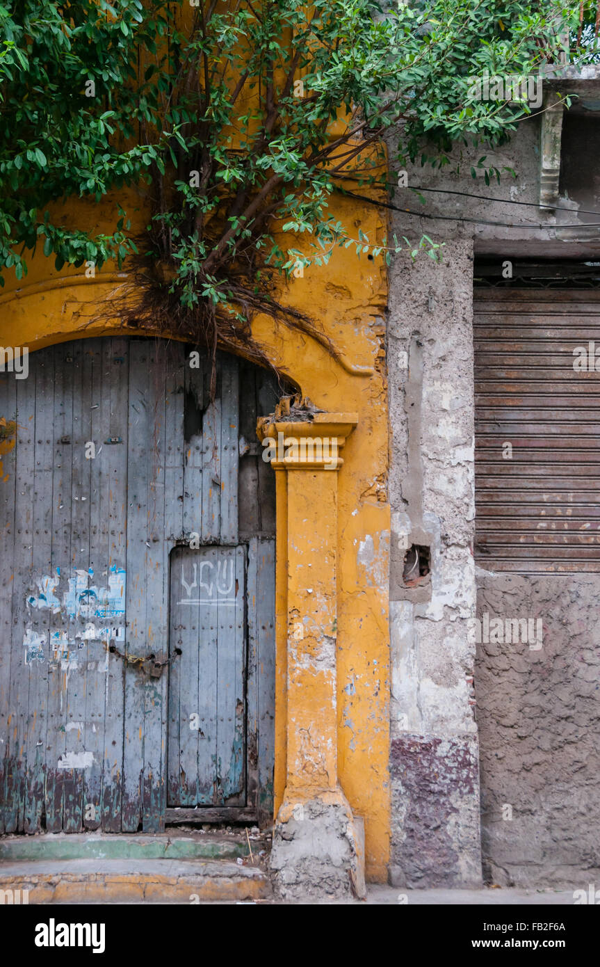 Entrance of yellow old colonial building with wood door and tree Stock ...