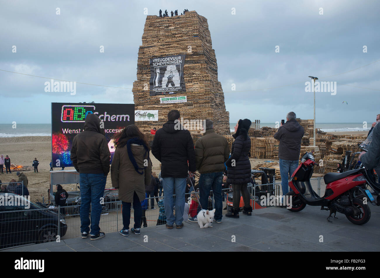 People watching a large New Year bonfire being built on Scheveningen ...