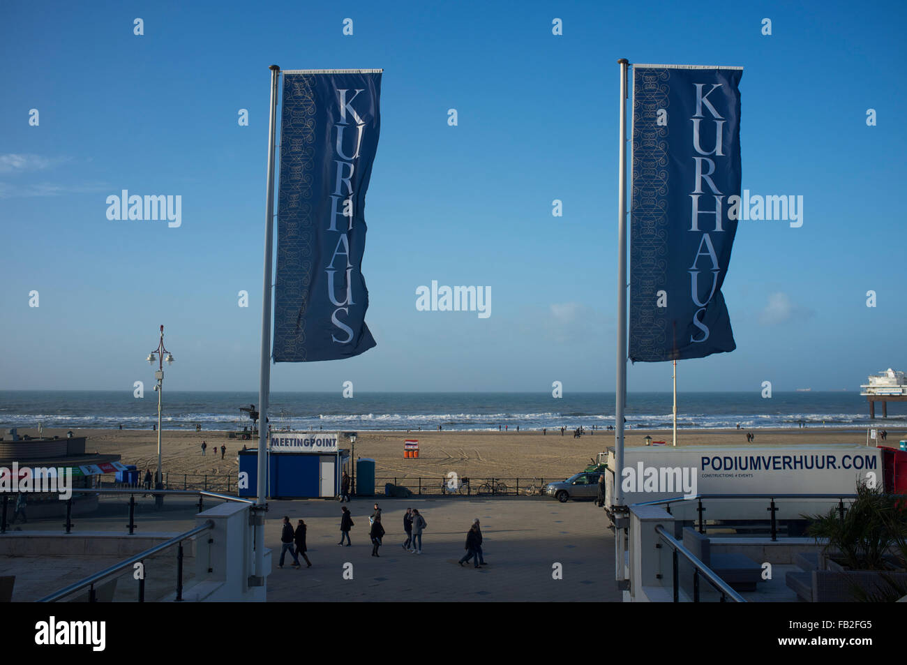 Kurhaus flags with view of Scheveningen beach Stock Photo - Alamy