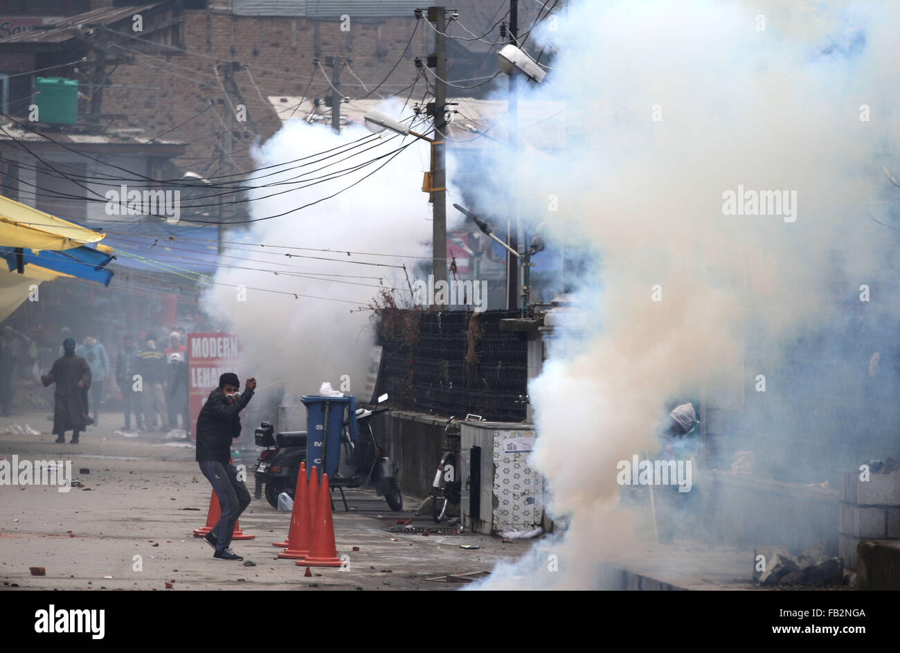 Srinagar, Indian-controlled Kashmir. 8th Jan, 2016. Tear smoke shells ...