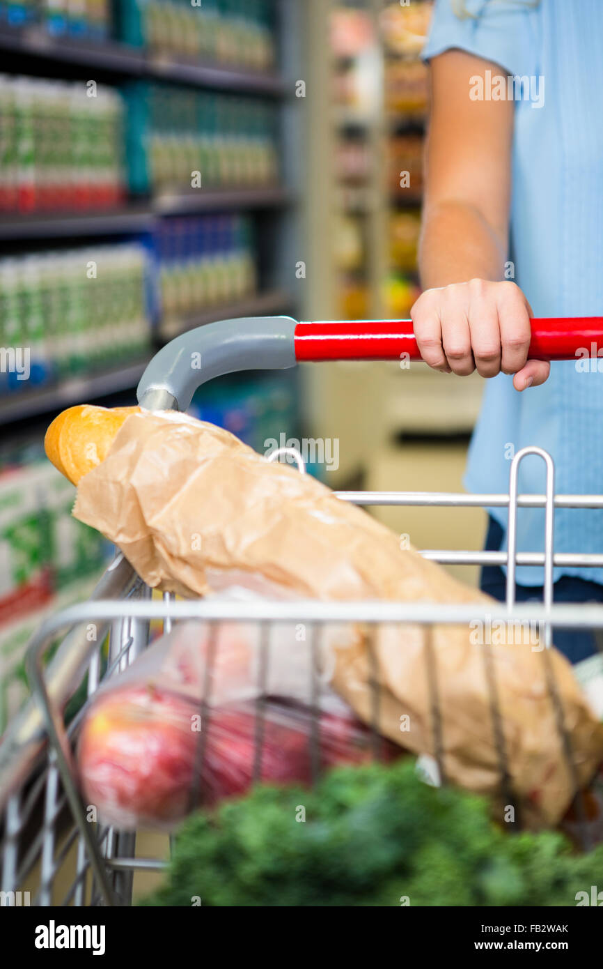 Cropped image of woman pushing trolley in aisle Stock Photo - Alamy