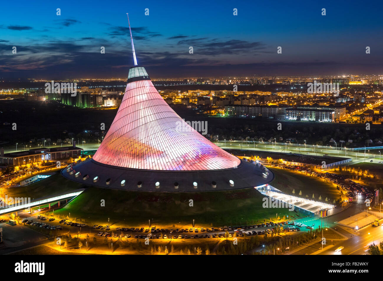 Central Asia, Kazakhstan, Astana, Night view over Khan Shatyr ...