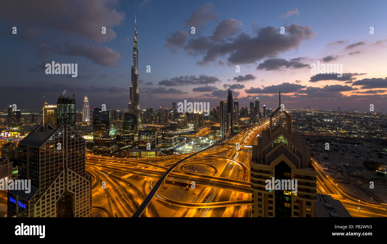 The Burj Khalifa Dubai, elevated view across Sheikh Zayed Road and ...