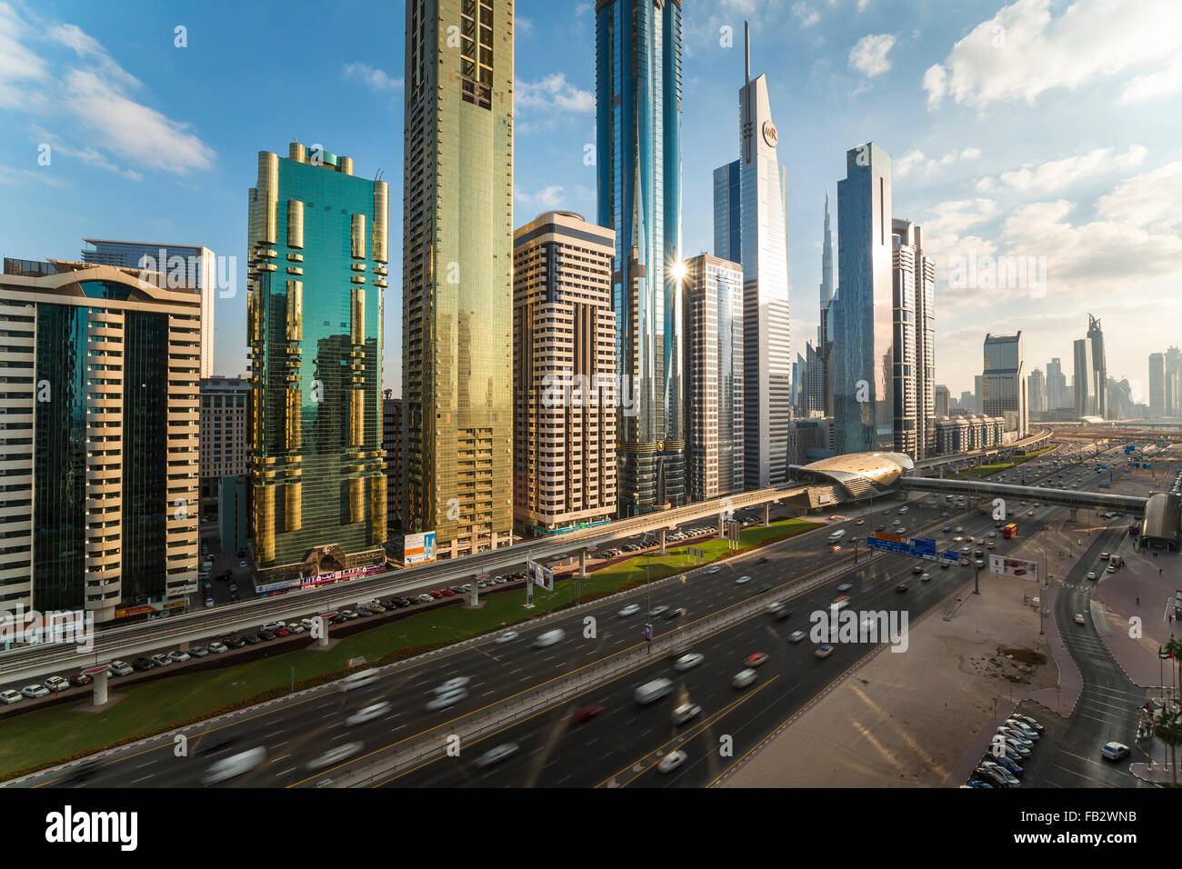 United Arab Emirates, Dubai, Sheikh Zayed Rd, traffic and new high rise ...