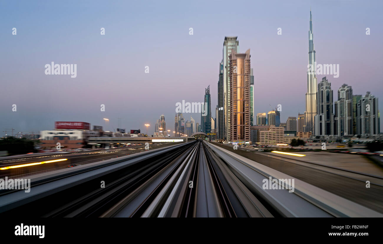 POV on the modern driverless Dubai elevated Rail Metro System, running ...
