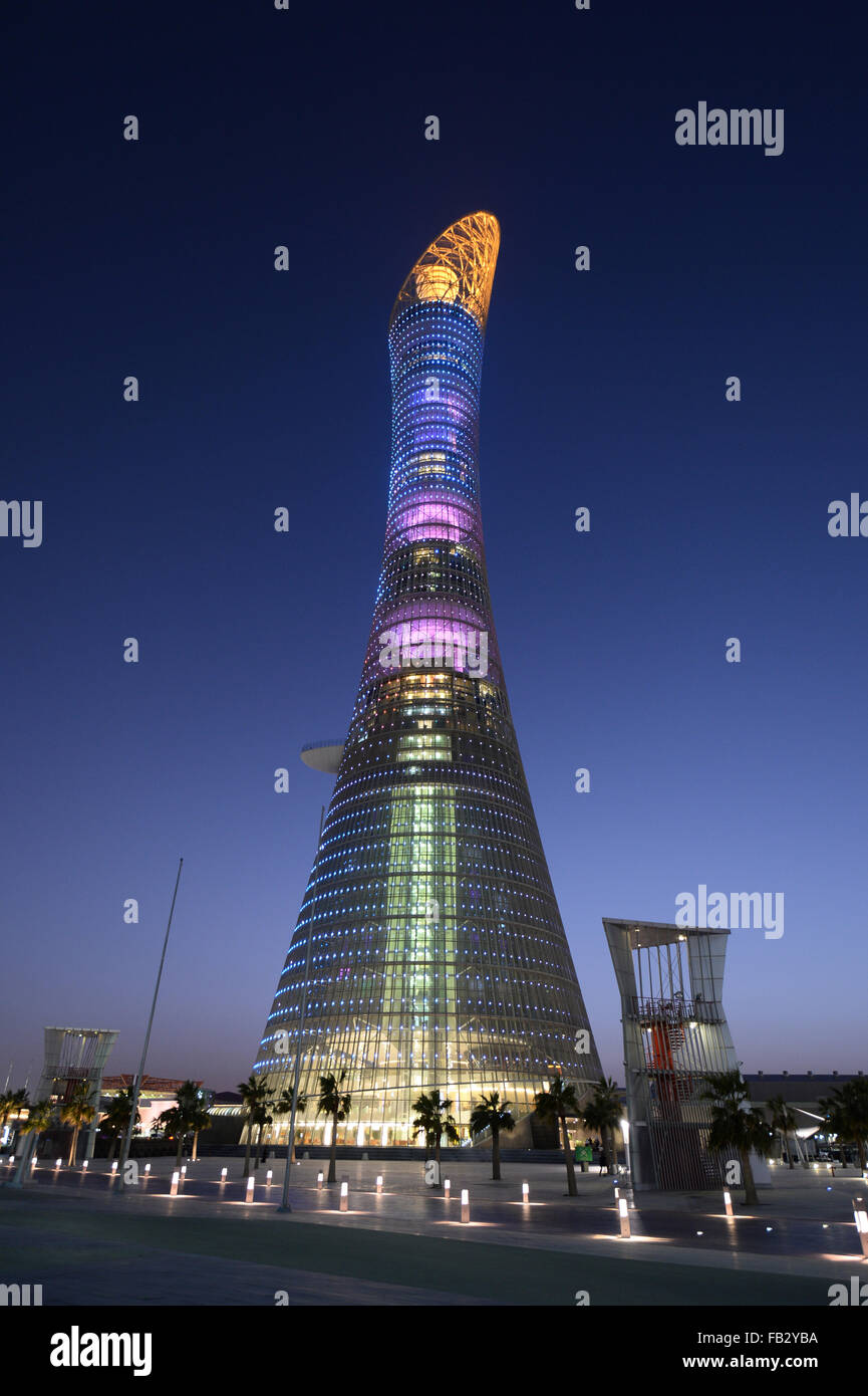 Doha, Qatar. 07th Jan, 2016. The "Torch" is illuminated at night in ...