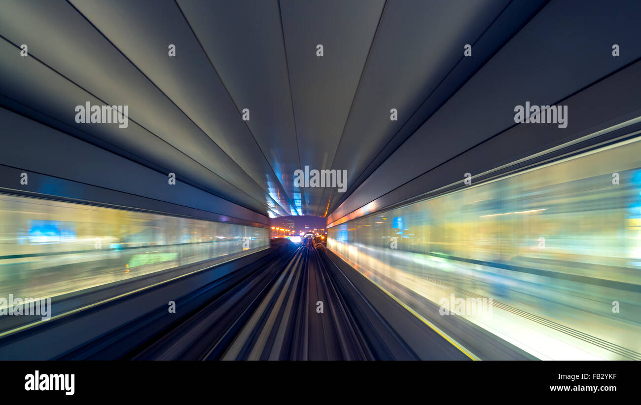 POV on the modern driverless Dubai elevated Rail Metro System, running ...