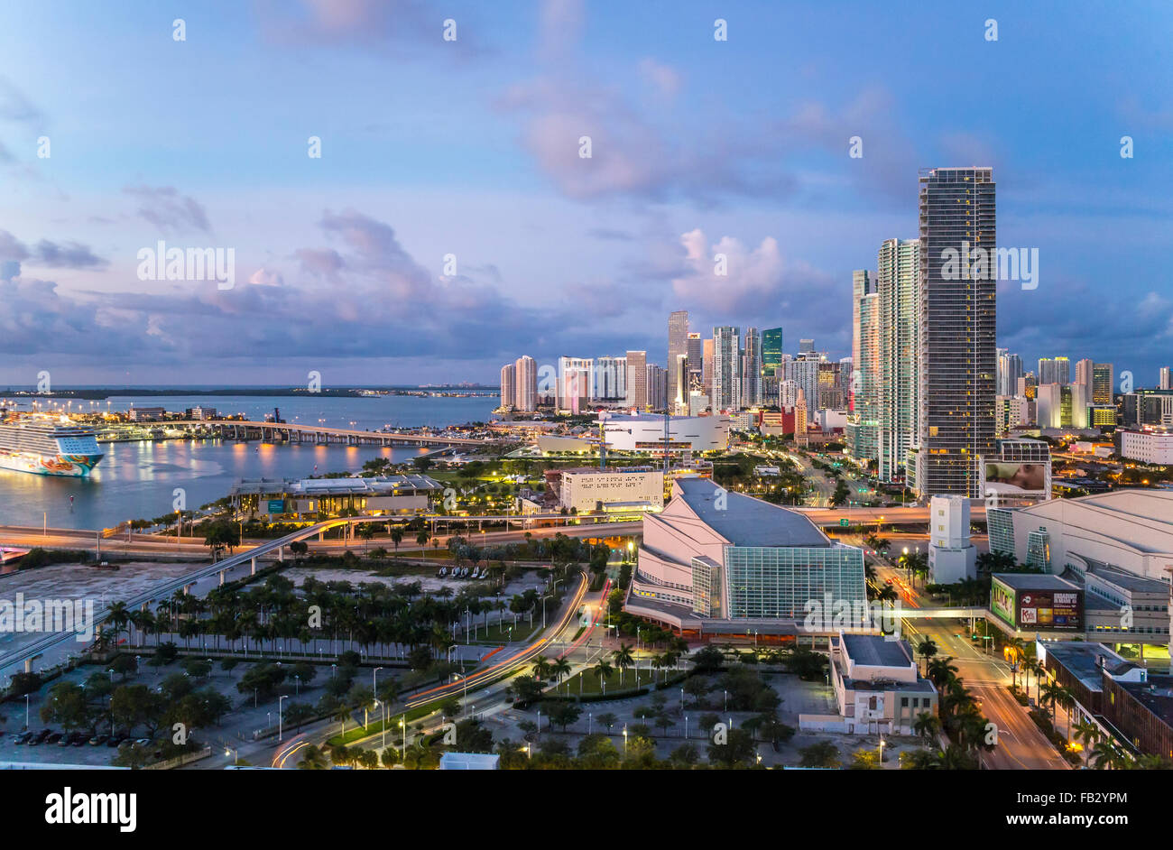 Elevated view over Biscayne Boulevard and the skyline of Miami, Florida ...
