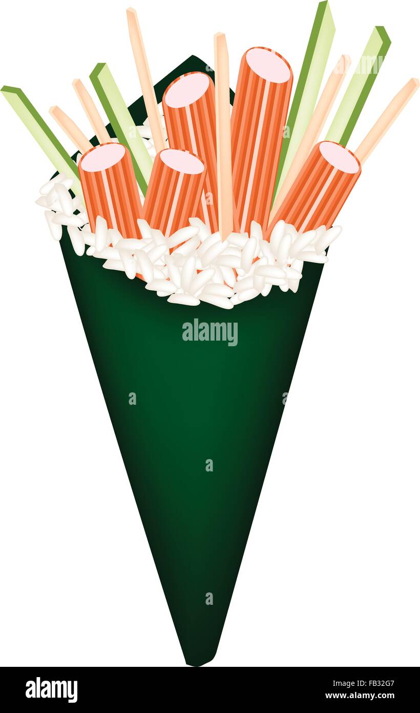Japanese Cuisine, Illustration of Delicious Crab Stick Temaki or Surimi ...