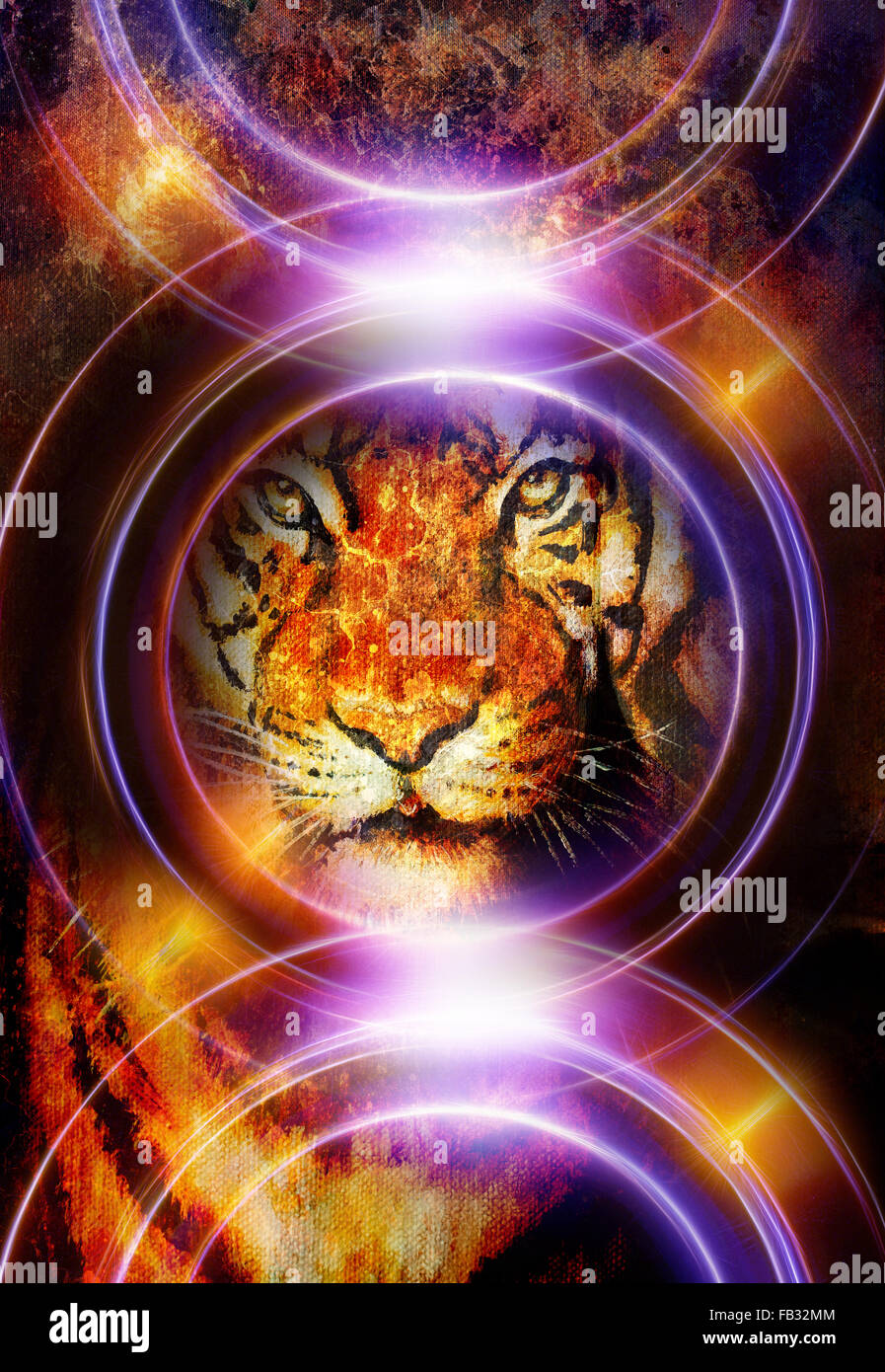 tiger collage on color abstract background and light circle, rust ...