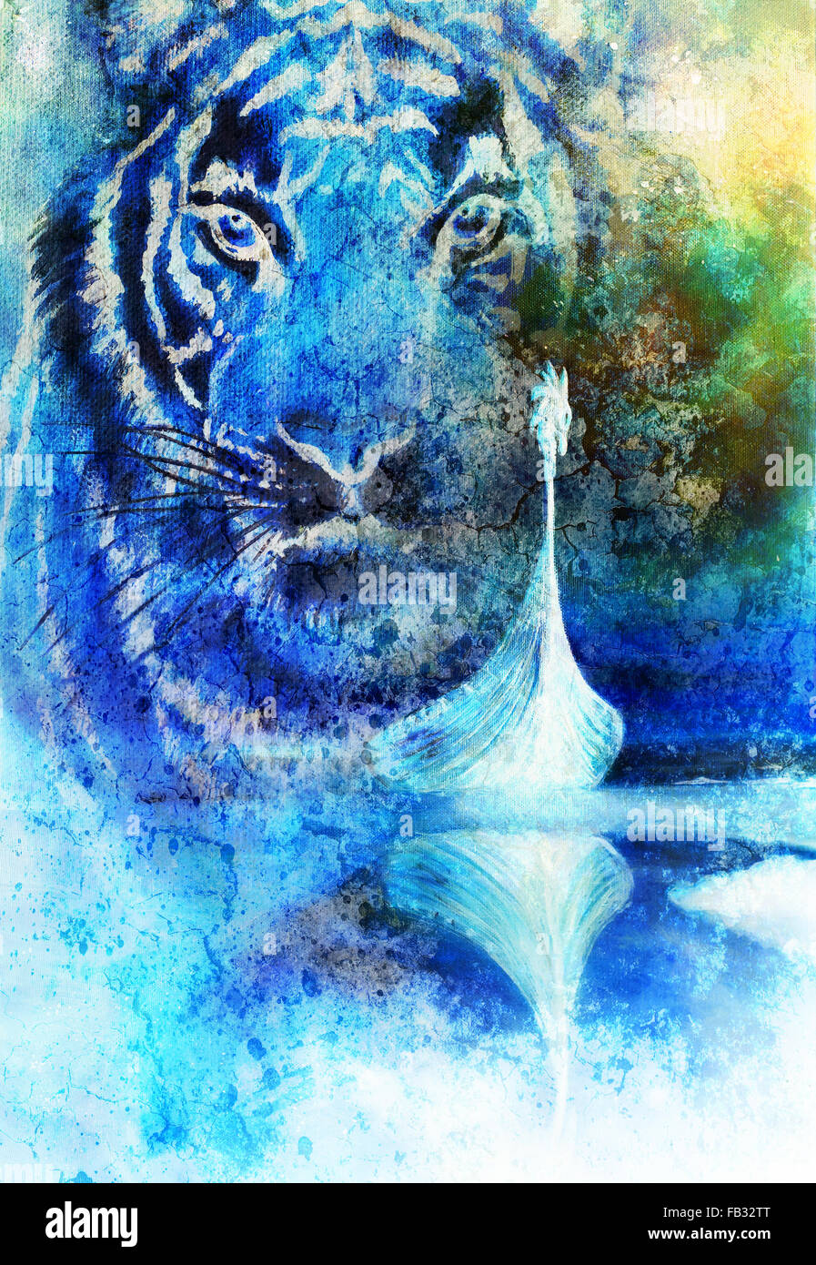 Viking Boat on the beach, and tiger head, collage painting on canvas ...