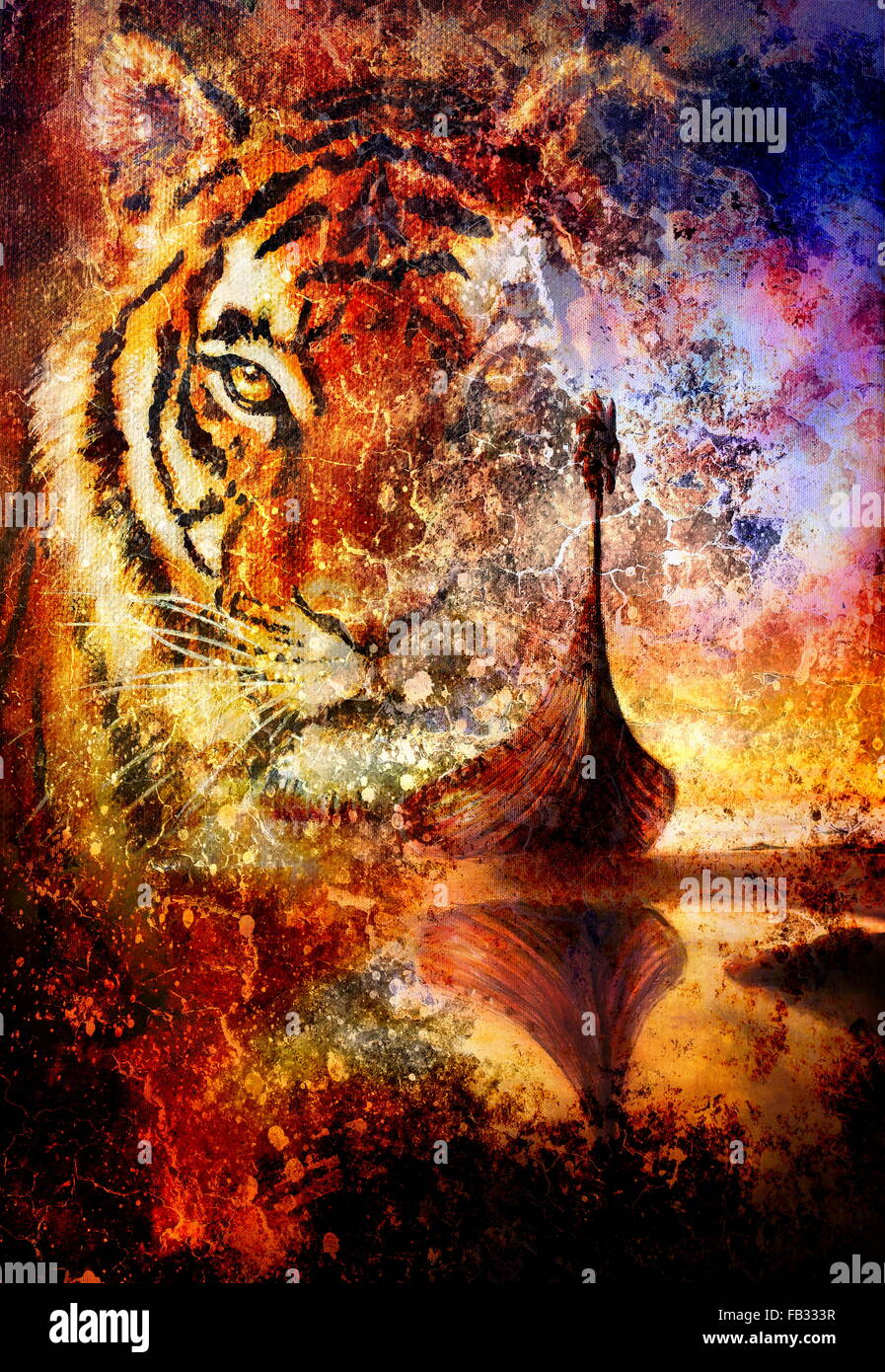 Viking Boat on the beach, and tiger head, collage painting on canvas ...