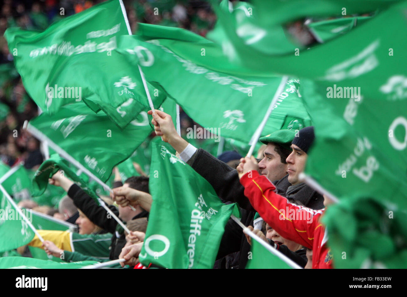 Irish Rugby Supporters wave green flags during Ireland's Rugby match ...