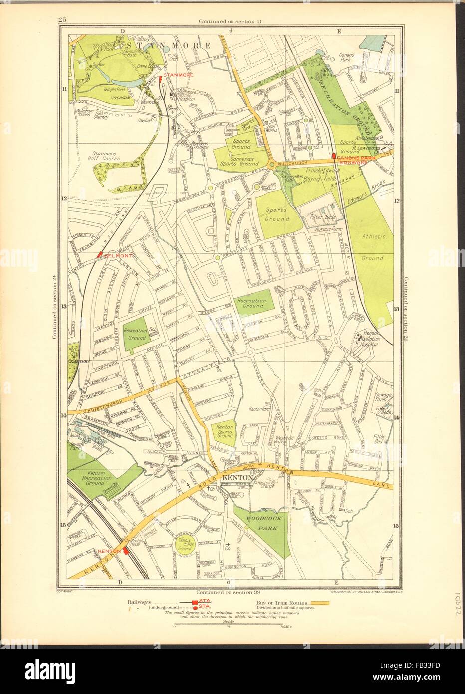 KENTON: Belmont, Stanmore, Canons Park, Edgware, 1937 vintage map Stock ...