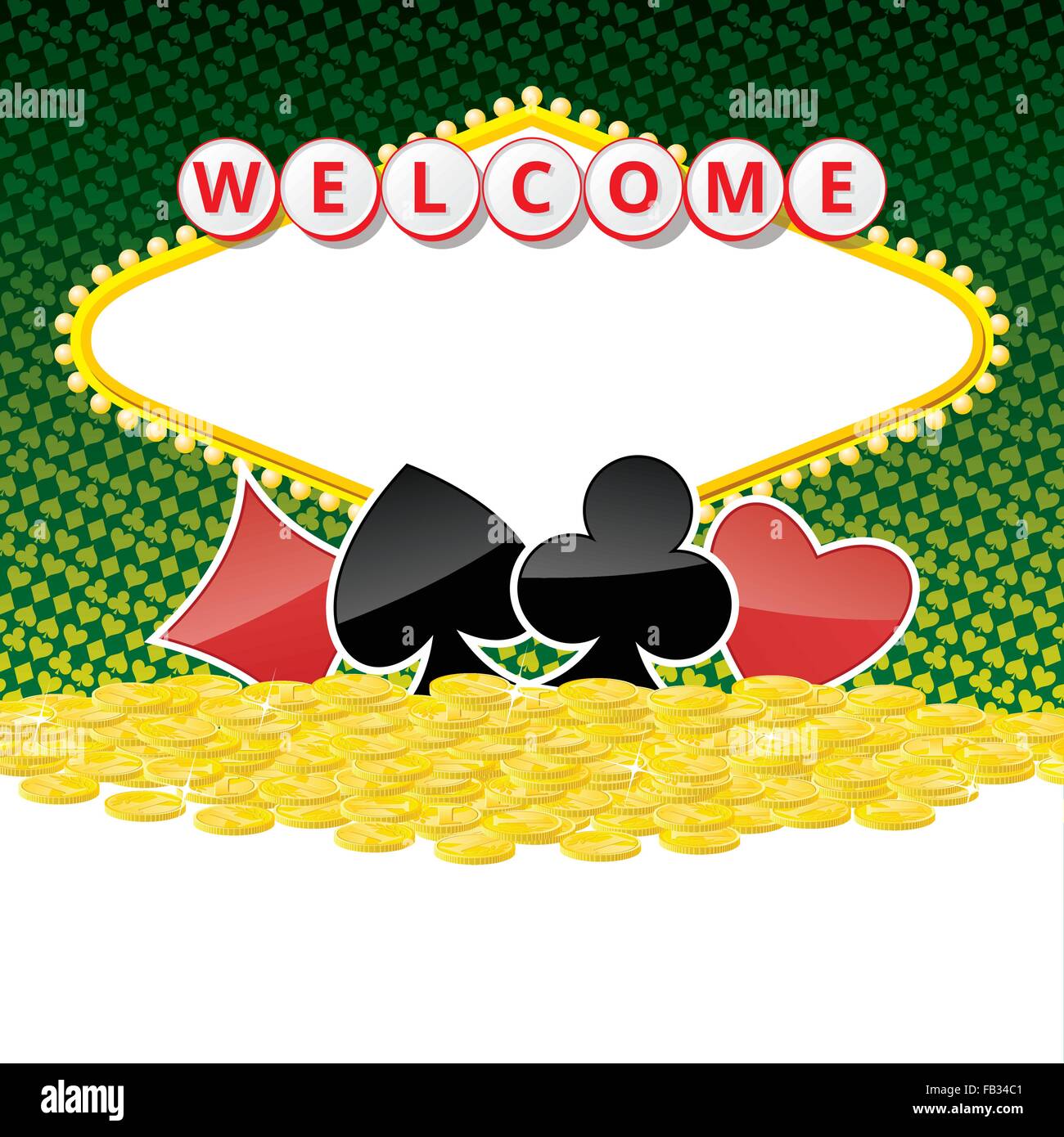 Welcome sign background with card suits and heap of golden coins Stock ...
