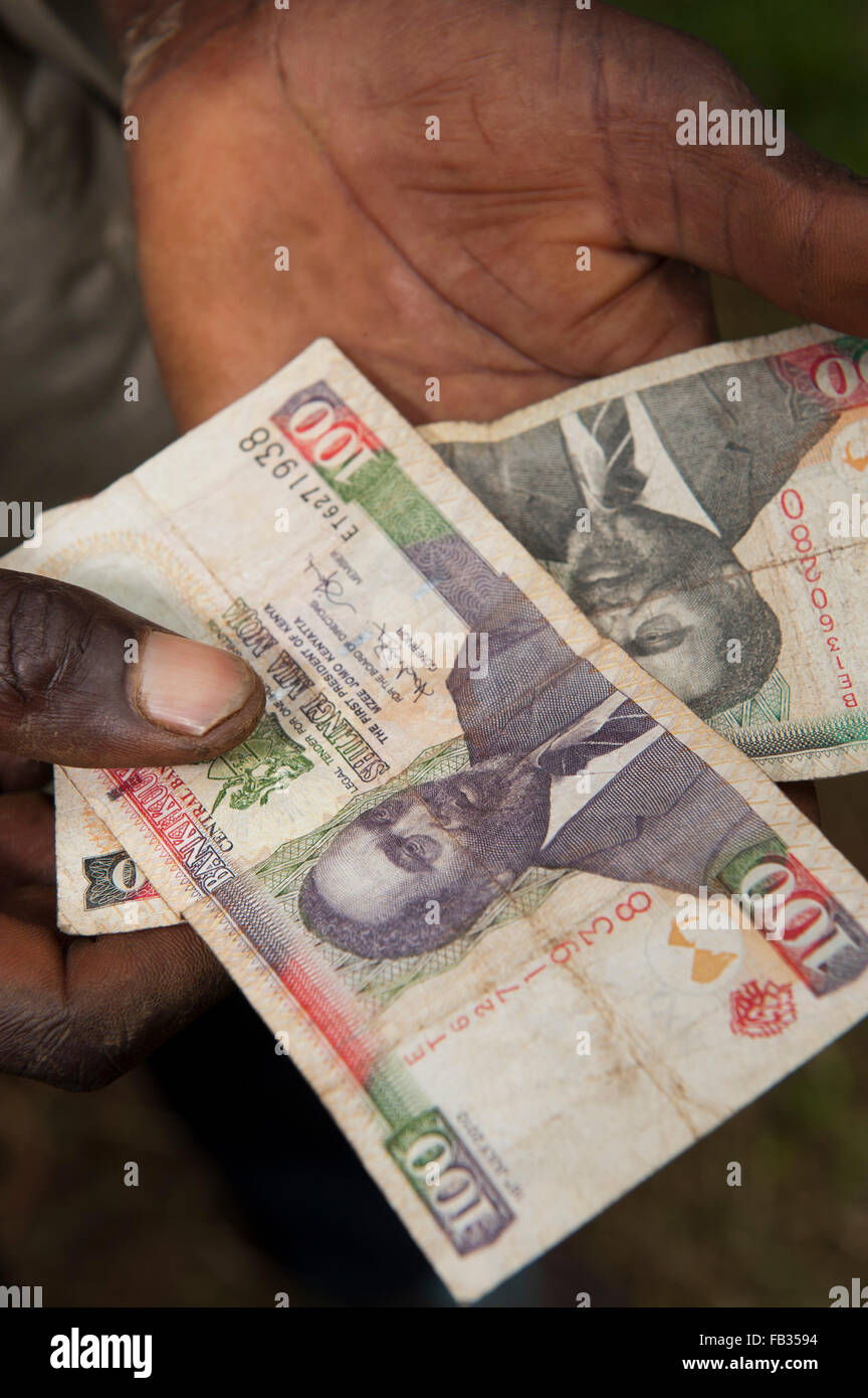 Happy Kenyan farmer holding banknotes earned by selling milk from his ...
