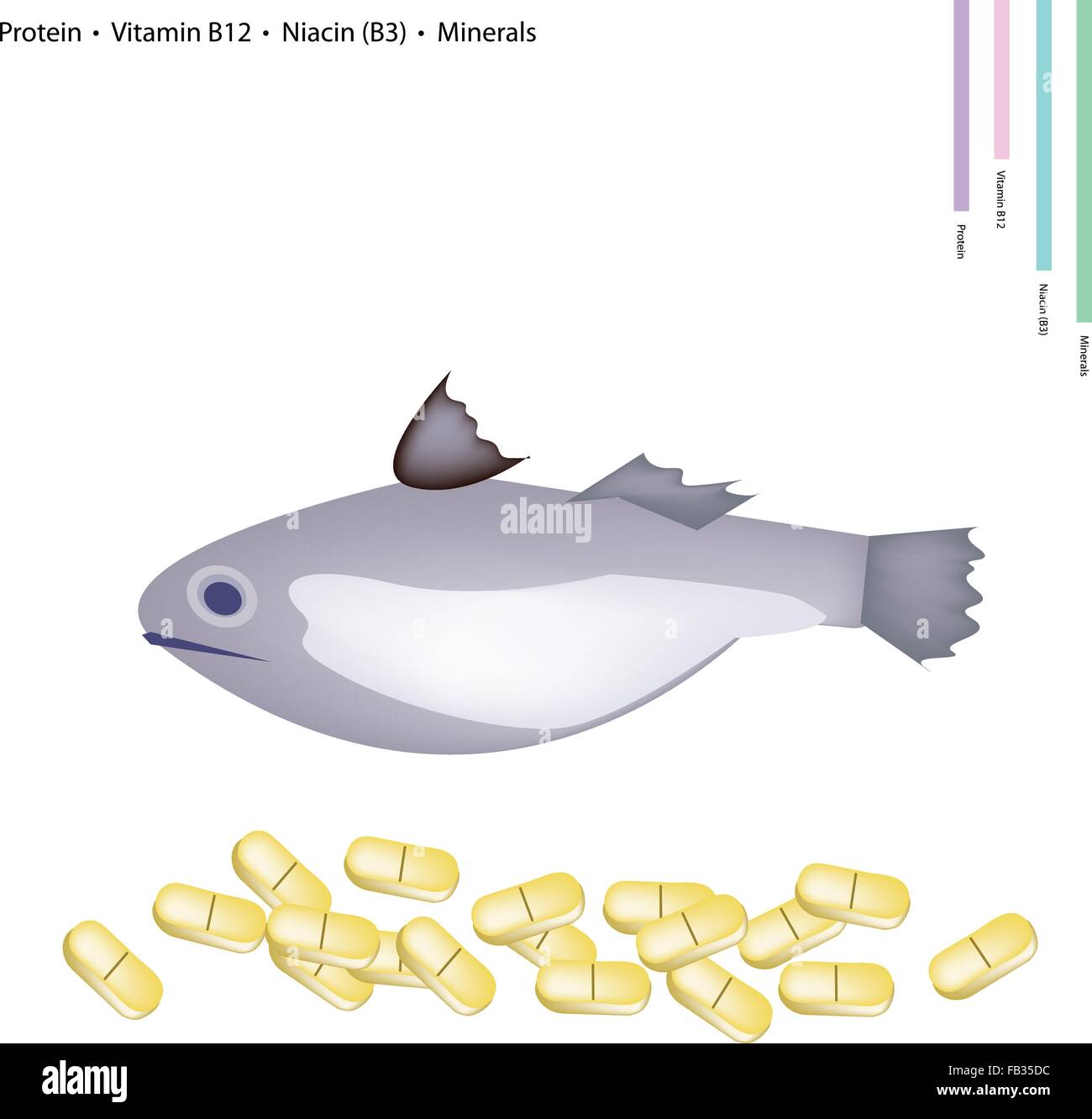 Healthcare Concept, Illustration of Fish with Protein, Vitamin B12 ...