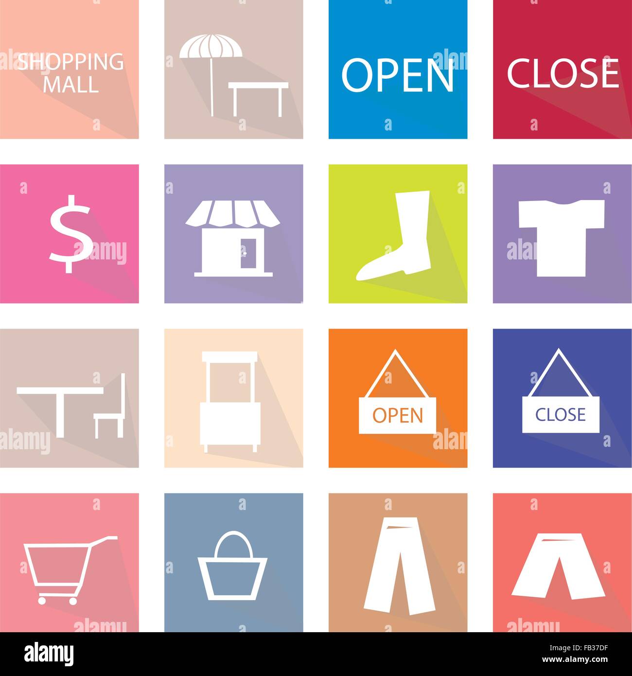 Flat Icons, Illustration Set of 16 Shopping Objects and Item Label ...