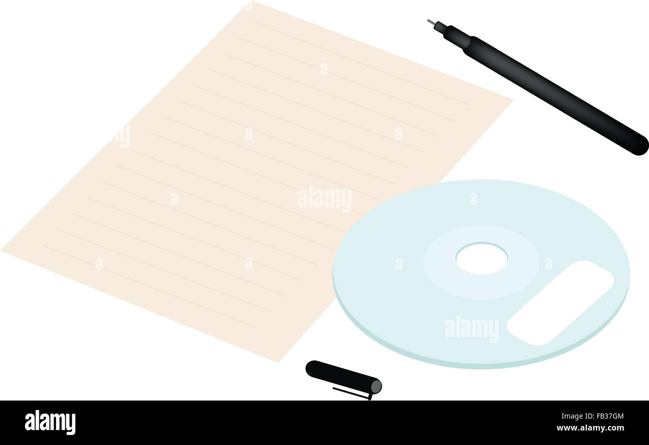 Office Supplies, CD, DVD or Blu-ray Disc and Pen Lying on Blank Paper ...