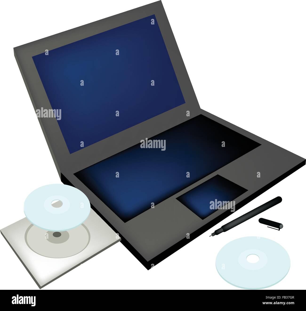 Office Supplies, Laptop Computer with Compact Disc and Pen Isolated on ...