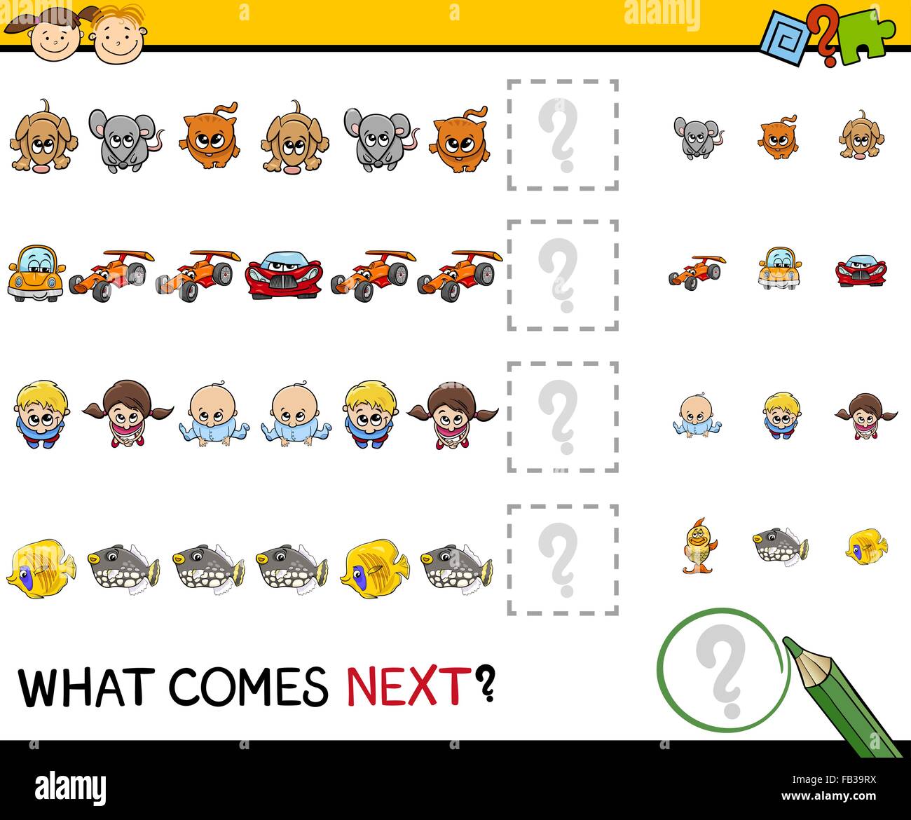 Cartoon Illustration of Completing the Pattern Educational Task for ...