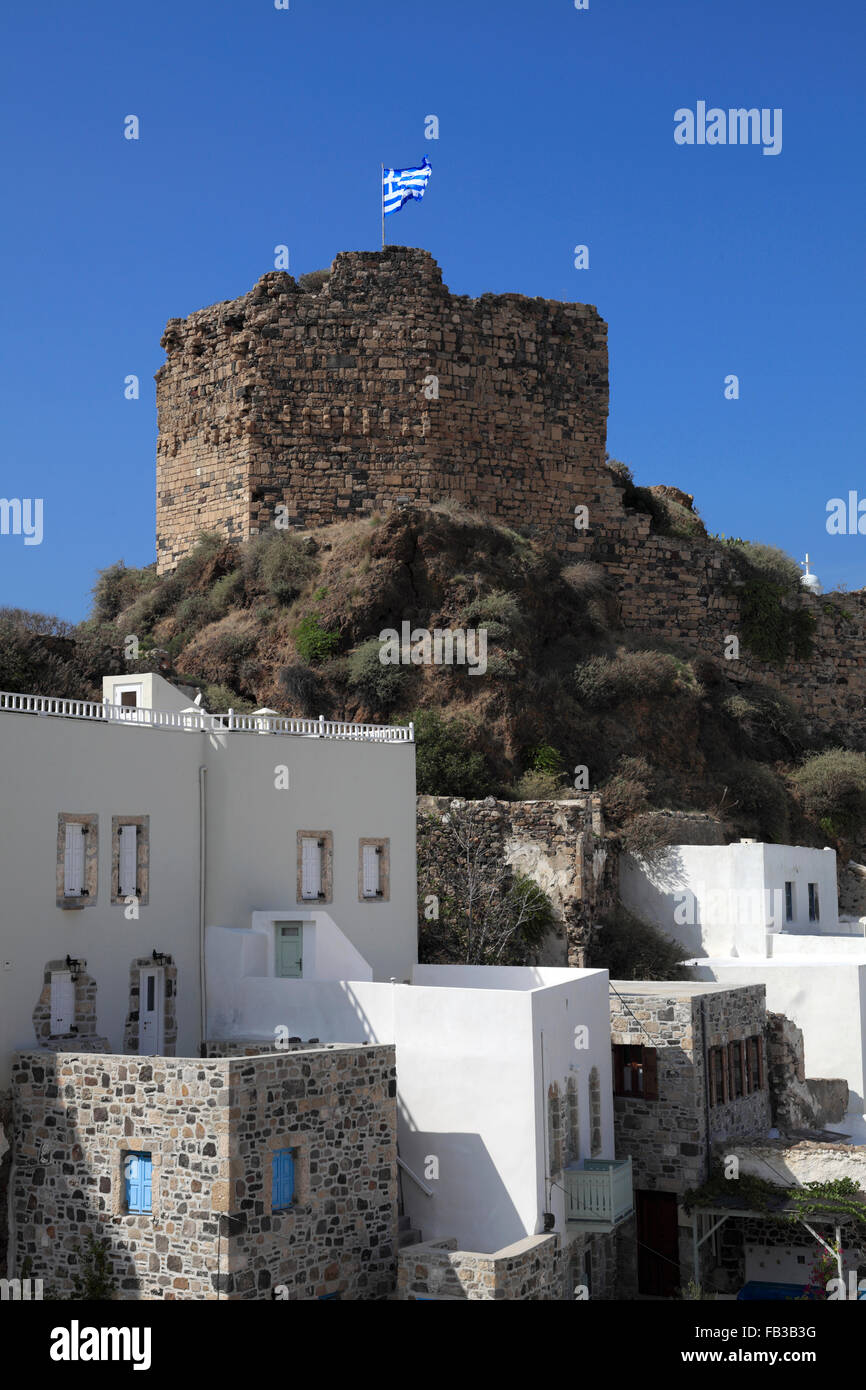 Summer, Mandraki Castle, Mandraki town, the capital of Nisyros volcanic ...