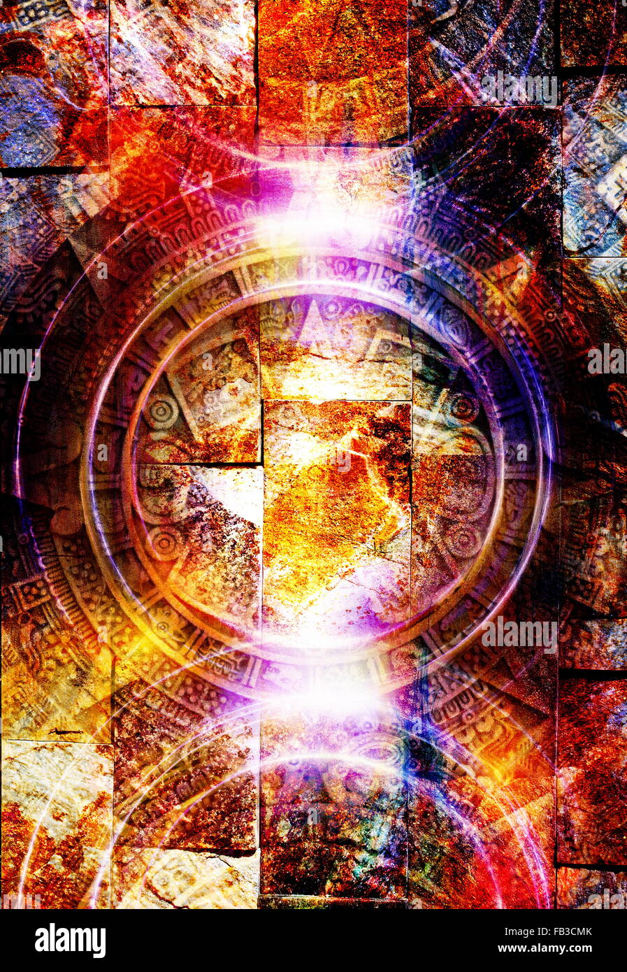 Ancient Mayan Calendar, abstract color Background, computer collage ...