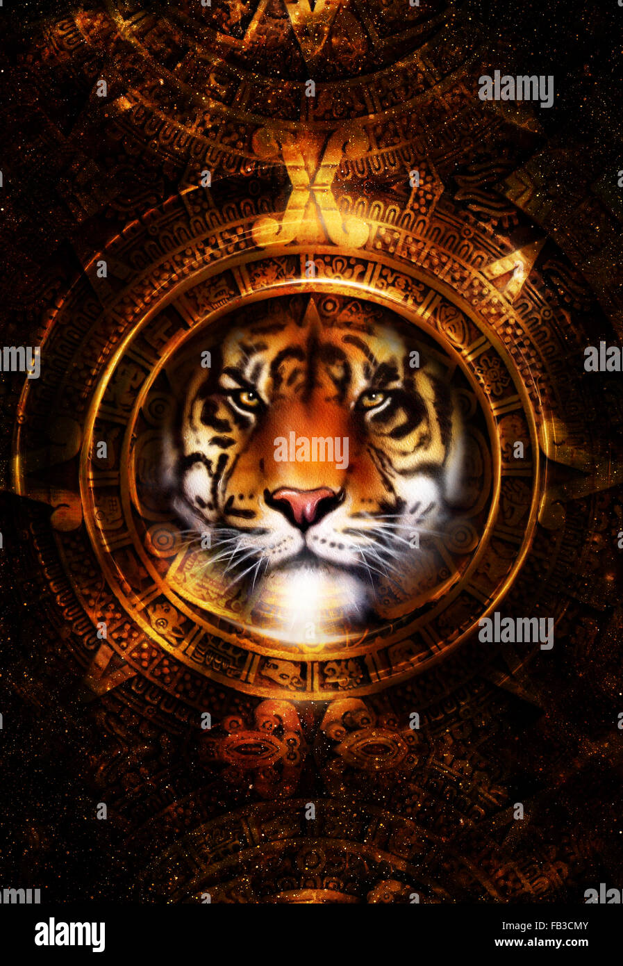 Ancient Mayan Calendar and Tiger head, abstract color Background ...