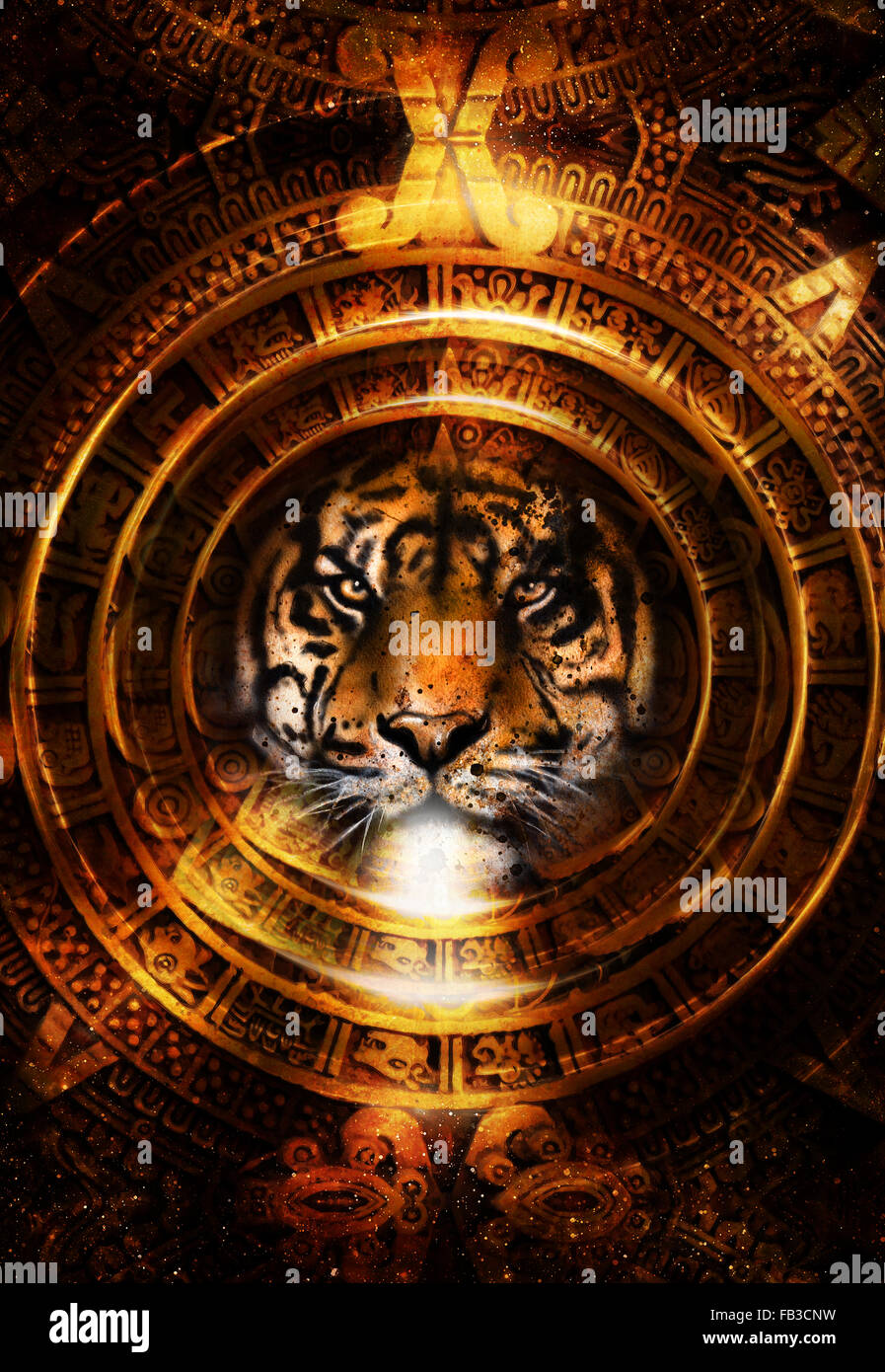 Ancient Mayan Calendar and Tiger head, abstract color Background ...