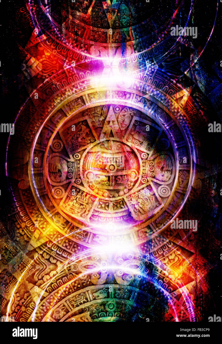 Ancient Mayan Calendar, abstract color Background, computer collage ...