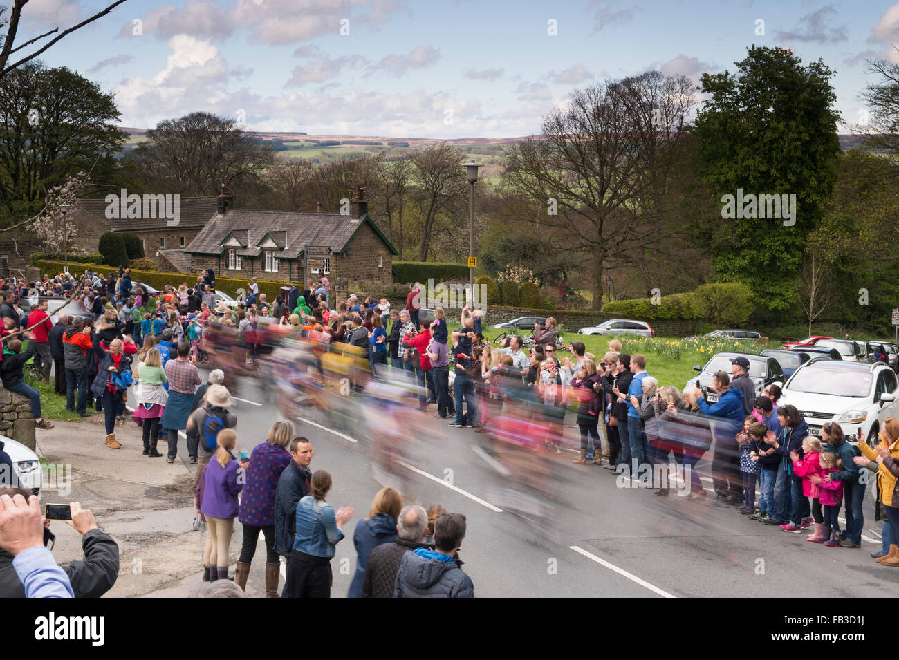 Cyclists competing in the Tour De Yorkshire race (2015) pass cheering ...