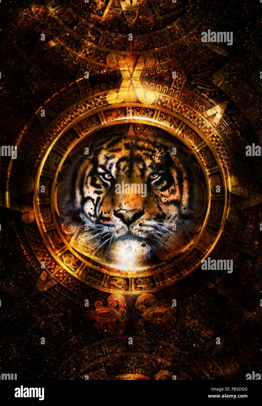 Ancient Mayan Calendar and Tiger head, abstract color Background ...