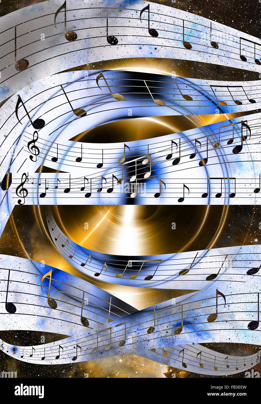 music note and silhouette music speaker and Space with stars. abstract ...