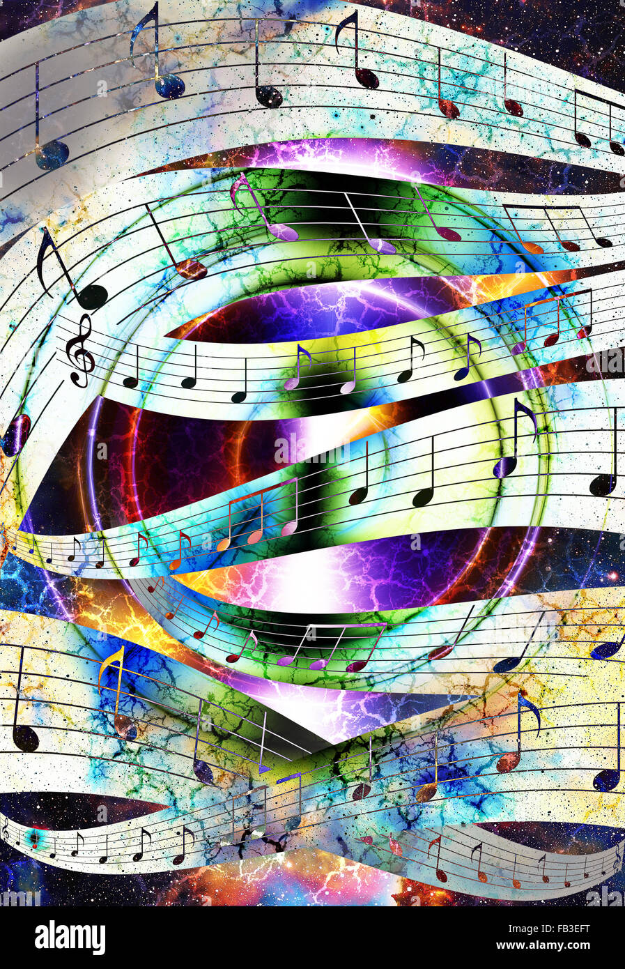 music note and silhouette music speaker and Space with stars. abstract ...