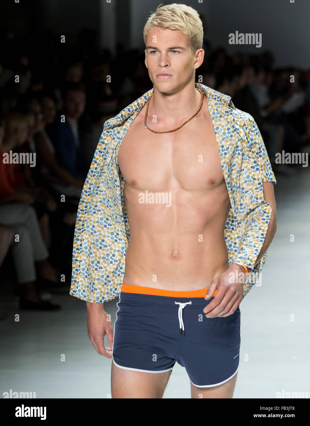 NEW YORK, NY - JULY 16, 2015: Mitchell Slaggert walks the runway Stock ...