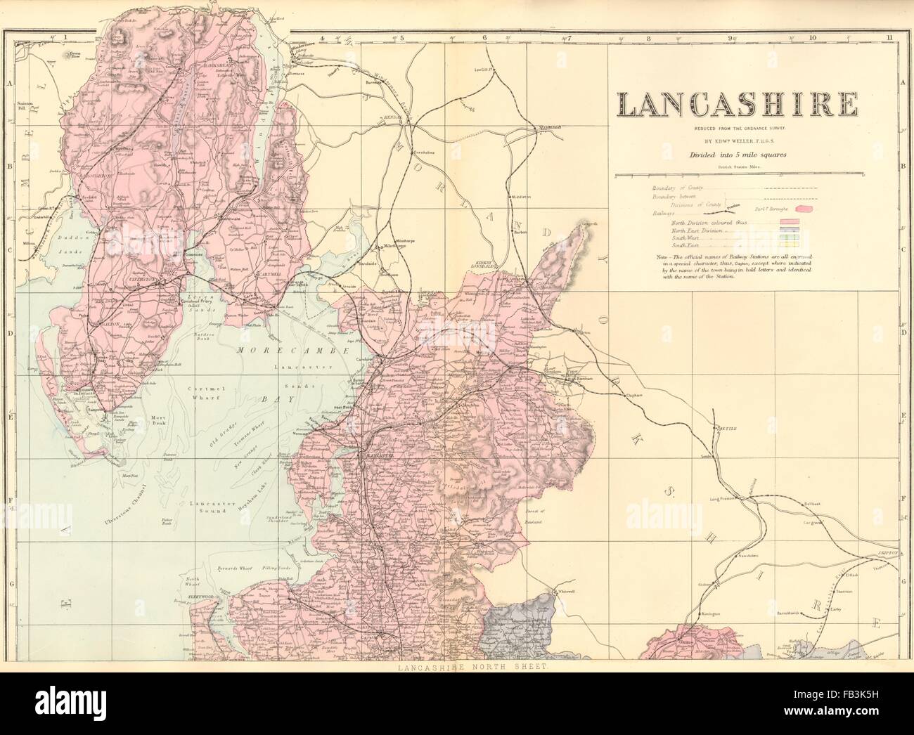 LANCASHIRE (North sheet): Antique county map by GW BACON, 1883 Stock ...