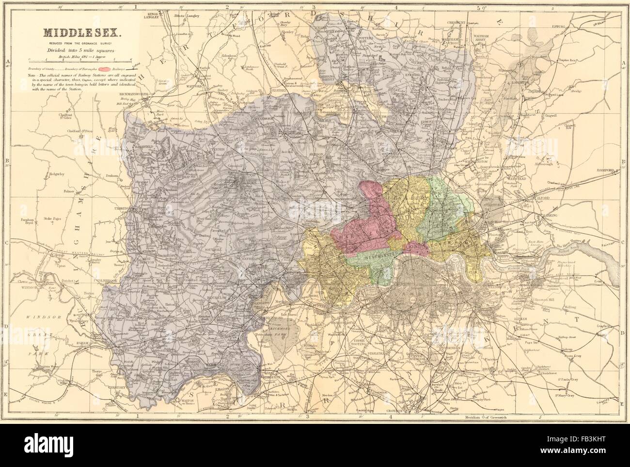 MIDDLESEX: Antique county map by GW BACON, 1883 Stock Photo - Alamy