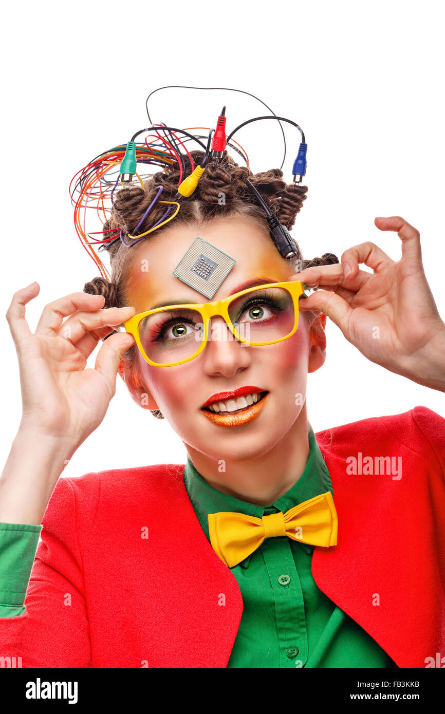 Girl geek corrects glasses. Crazy programmer. Creative make-up ...