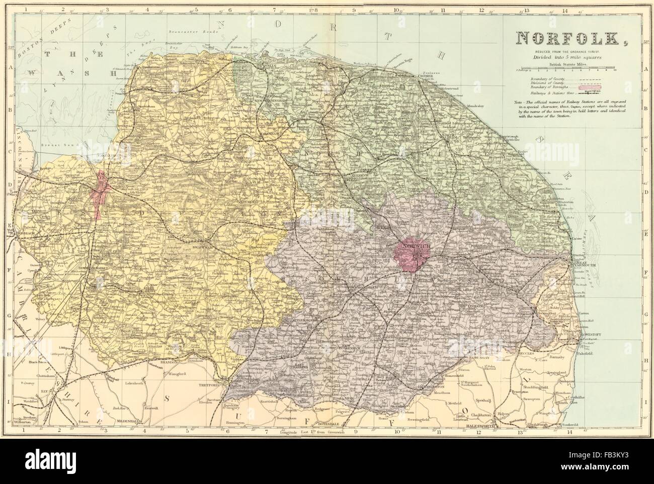 NORFOLK: Antique county map by GW BACON, 1883 Stock Photo - Alamy