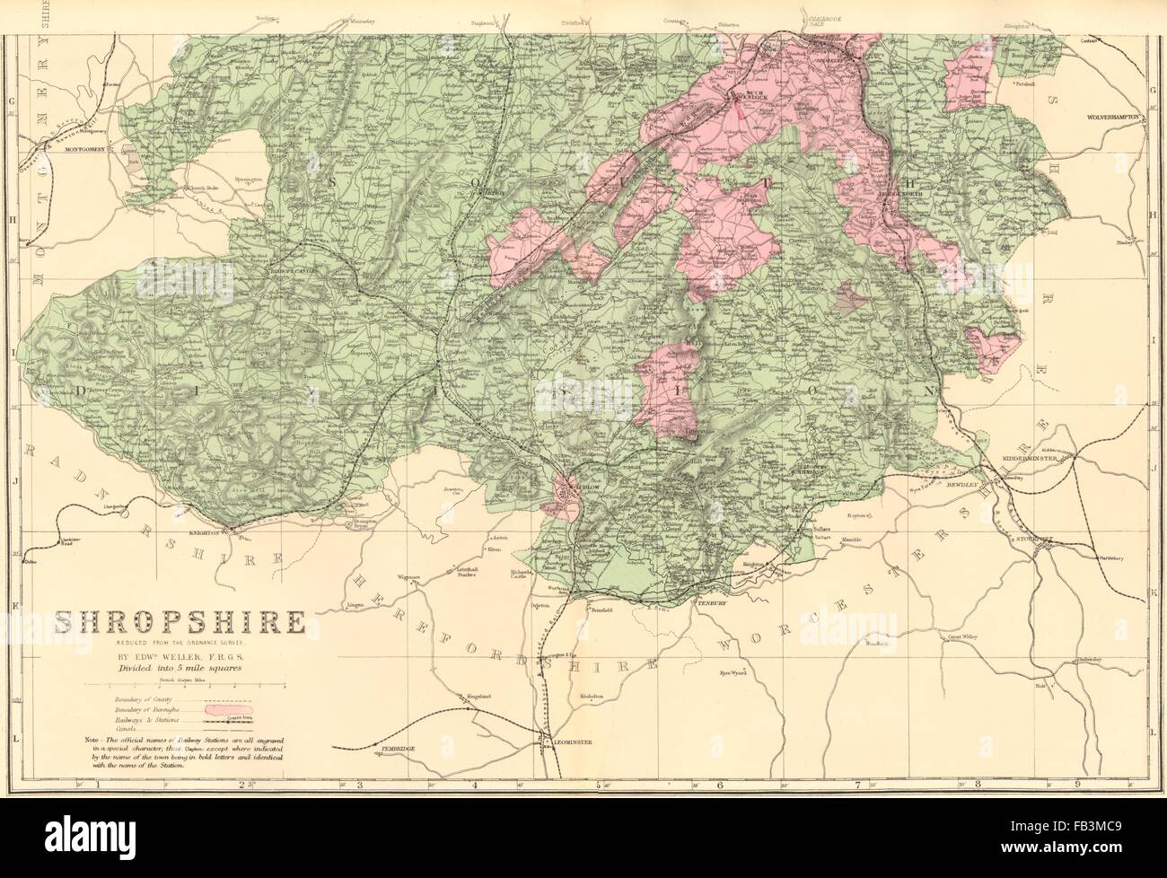 SHROPSHIRE (South): Antique county map by GW BACON, 1883 Stock Photo ...