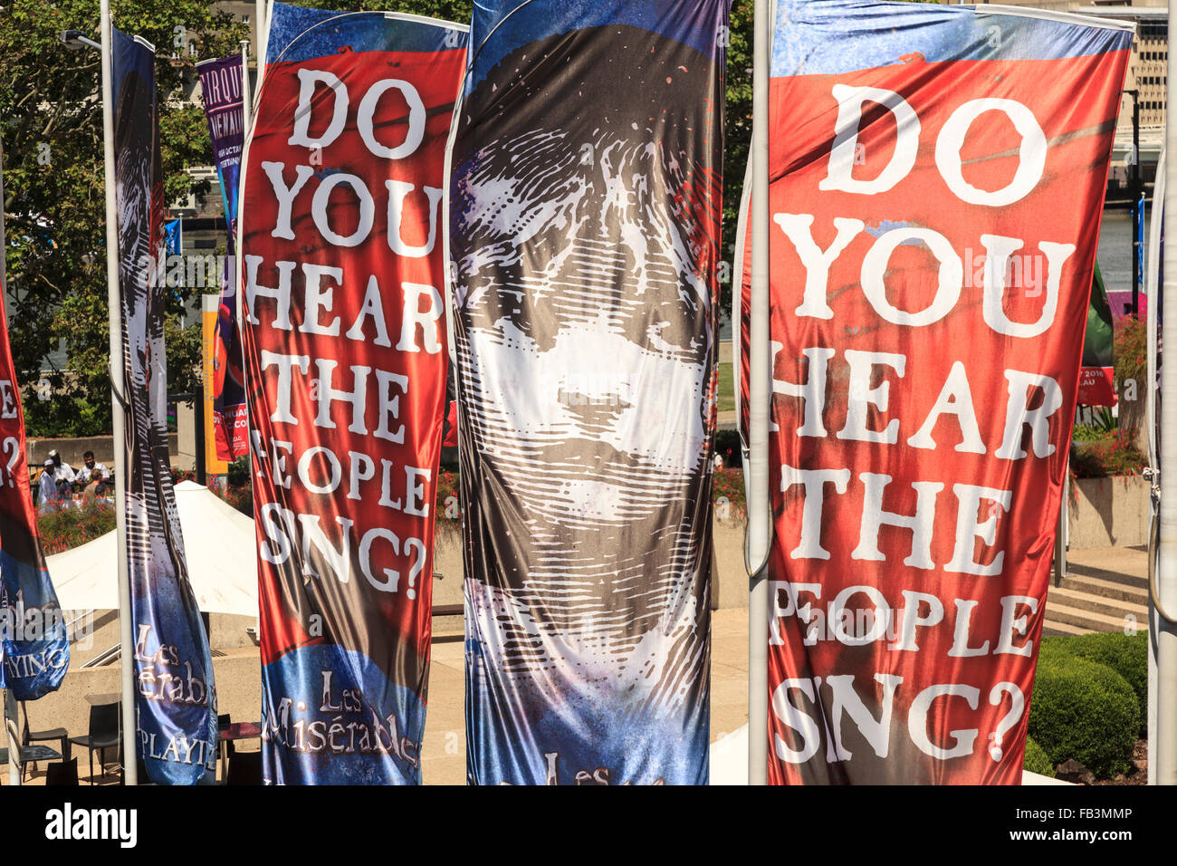 Les Miserables banner flags outside the Lyric Theatre QPAC Stock Photo ...