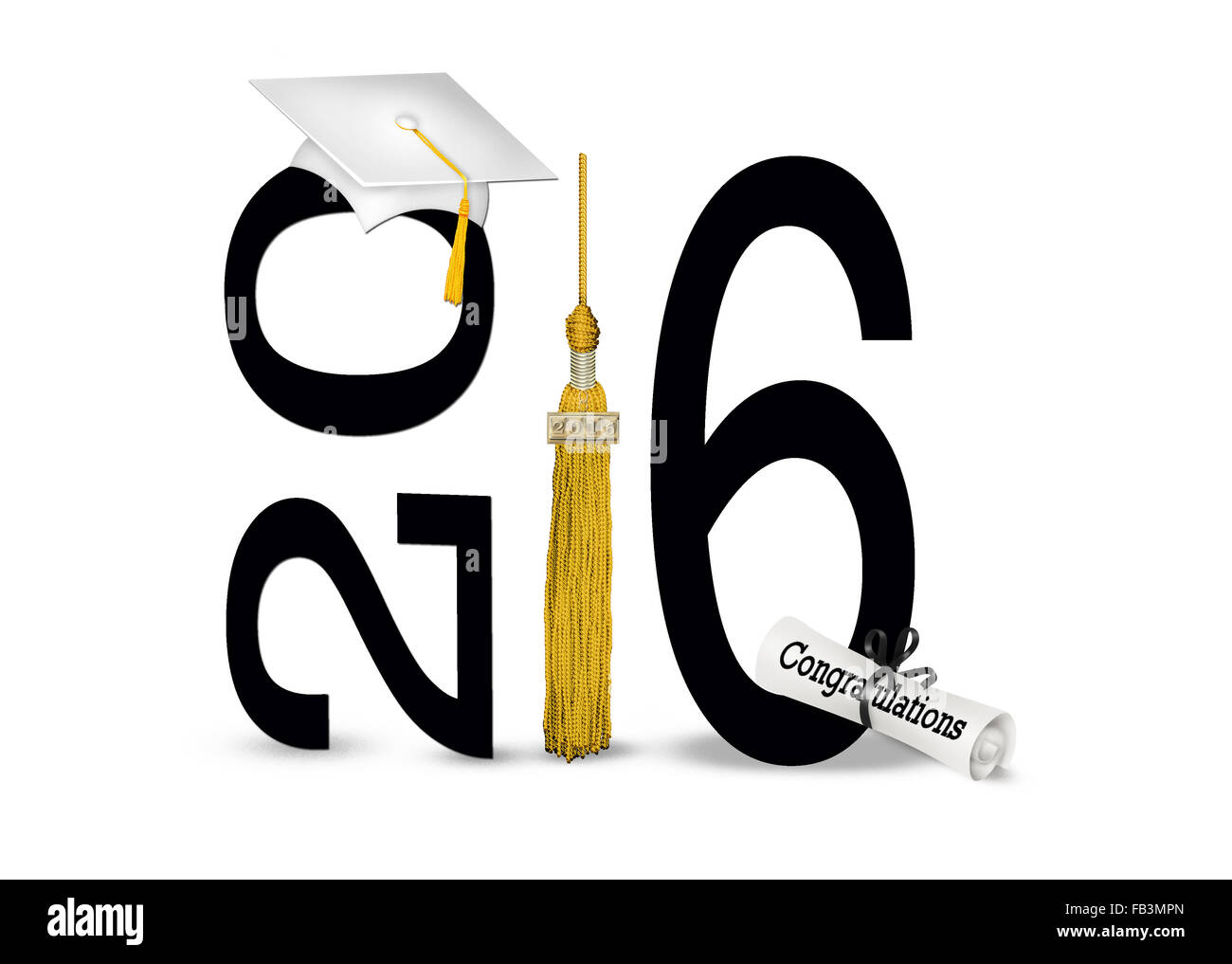 White graduation cap for 2016 with gold tassel and diploma isolated on ...