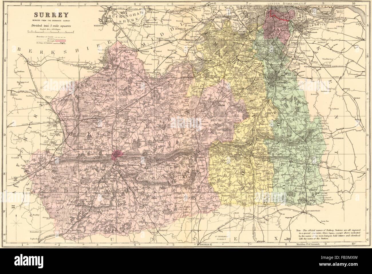 SURREY: Antique county map by GW BACON, 1883 Stock Photo - Alamy