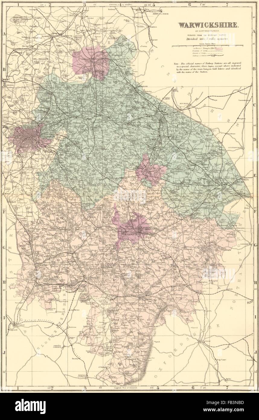 WARWICKSHIRE: Antique county map by GW BACON, 1883 Stock Photo - Alamy